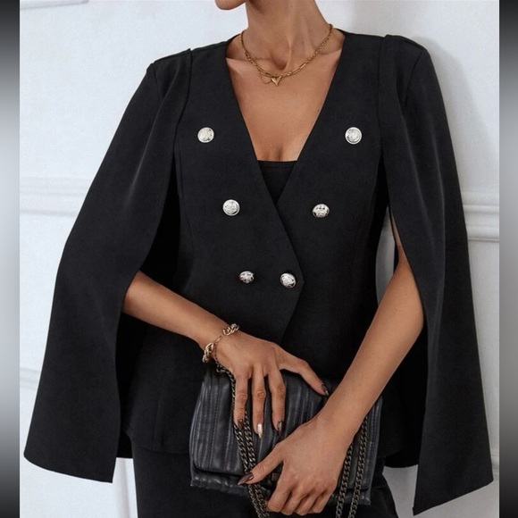 SHEIN | Jackets & Coats | Nwot Front Double Button Black Cape Blazer ...